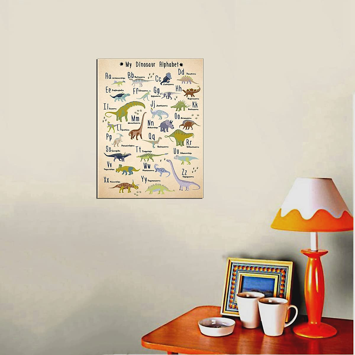 Cute Animal Dinosaur Alphabet Kid Educational Chart Boys Room Canvas Wall Art for Nursery Kids Children Play Room Wall Decor Retro Parchment paper Style Framed 12x16inch