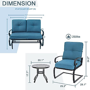 Incbruce 4Pcs Outdoor Metal Furniture Patio Conversation Sets (Glider, Bistro Table, 2 Spring Lounge Chairs) - Wrought Iron Outdoor Glider Chairs Sets (Peacock Blue)