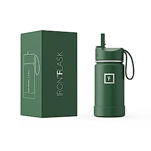 IRON °FLASK Kids Water Bottle - Straw Lid, 20 Name Stickers, Vacuum Insulated Stainless Steel, Double Walled Tumbler Travel Cup, Thermos Mug - Dark Pine, 14 Oz