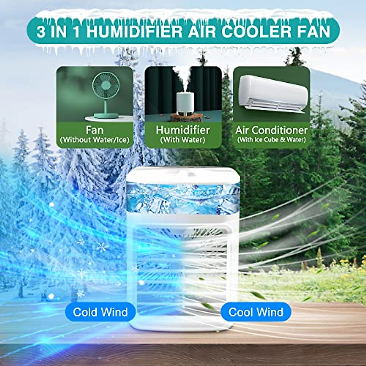 Portable Air Conditioner, Rechargeable Personal Air Cooler, USB Air Conditioner Fan with 3-Speed, Cordless 3 in 1 Mini Air Conditioner Desk Spray Fan, Quiet Aroma Diffuser Fan with Handle for Home/Camping/Desk