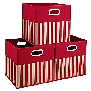 HSDT Fabric Storage Cube Bins 13x13x13 Inch Foldable Boxes Red Cloth Basket with Golden Strip Pattern for Shelves or Closet Organzier,QY-SC33-3