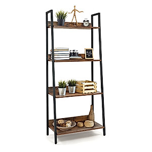 CAPHAUS 4 Tier Ladder Bookshelf, 24 Inch Width Free Standing Shelf, Bookcase Shelf Storage Rack Organizer, Industrial Book Shelves for Home Office, Living Room, Kitchen, Rustic Oak, Vintage Shelves
