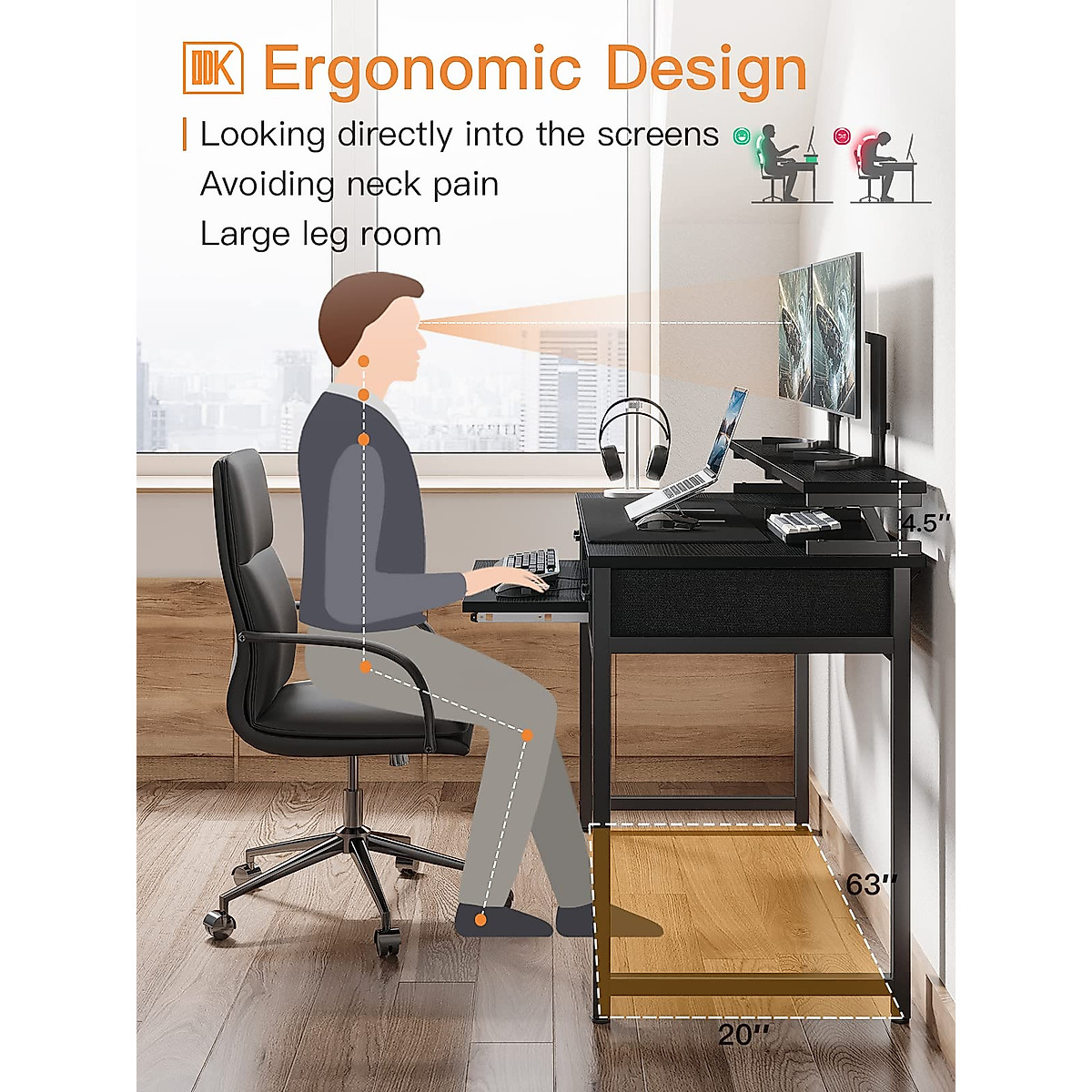 ODK Computer Desk Study Table, 63 Inch Office Desk with Drawers and Keyboard Tray, Study Desk Work Desk with Monitor Shelf, Writing Desk with Storage for Home Office, Black