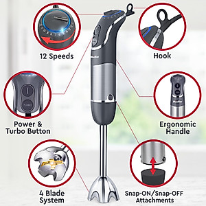 Mueller Smart Stick 800W, 12 Speed and Turbo Mode, 3-in-1, Heaviest Duty Copper Motor Immersion Blender, Titanium Steel Blades Hand Blender, Comfygrip Handle, Whisk, Beaker/Measuring Cup