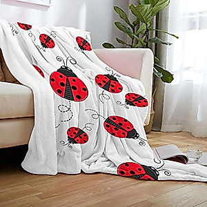 Singingin Ultra Soft Flannel Fleece Bed Blanket White Background Red Ladybug Throw Blanket All Season Warm Fuzzy Light Weight Cozy Plush Blankets for Living Room/Bedroom 40 x 50 inches