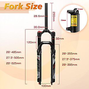 【US STOCK】 LUTU 26/27.5/29 Air MTB Suspension Fork, Rebound Adjust Straight Tube 28.6mm QR 9mm Travel 120mm Manual/Crown Lockout Mountain Bike Forks, Ultralight Gas Shock XC Bicycle (Black, 27.5)
