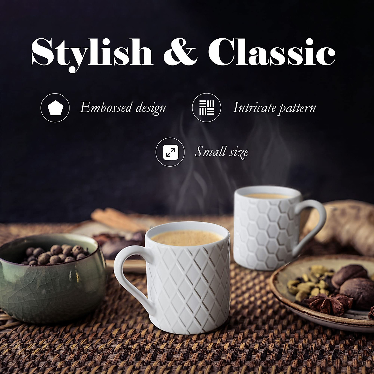 American Atelier Ceramic Mini Espresso Cups Set of 4, 3oz - Stackable Tiny Mugs for Small Shots of Coffee with Metal Stand - Use Demitasse Espresso Mug Racks for Any Kitchen or Café (Embossed)