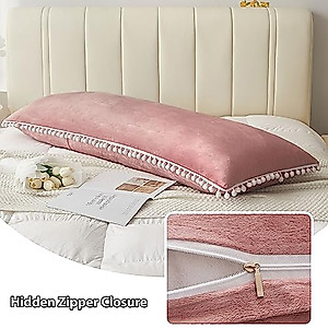 LIFEREVO Pom-poms Velvet Bed Body Pillow Cover, Long Fuzzy Body Pillow Pillowcase Cover 20x54, Boho Tassel Microfiber Full Bed Pillowcase for Kids Girls Teen Women Adults, Zipper Closure, Old Pink