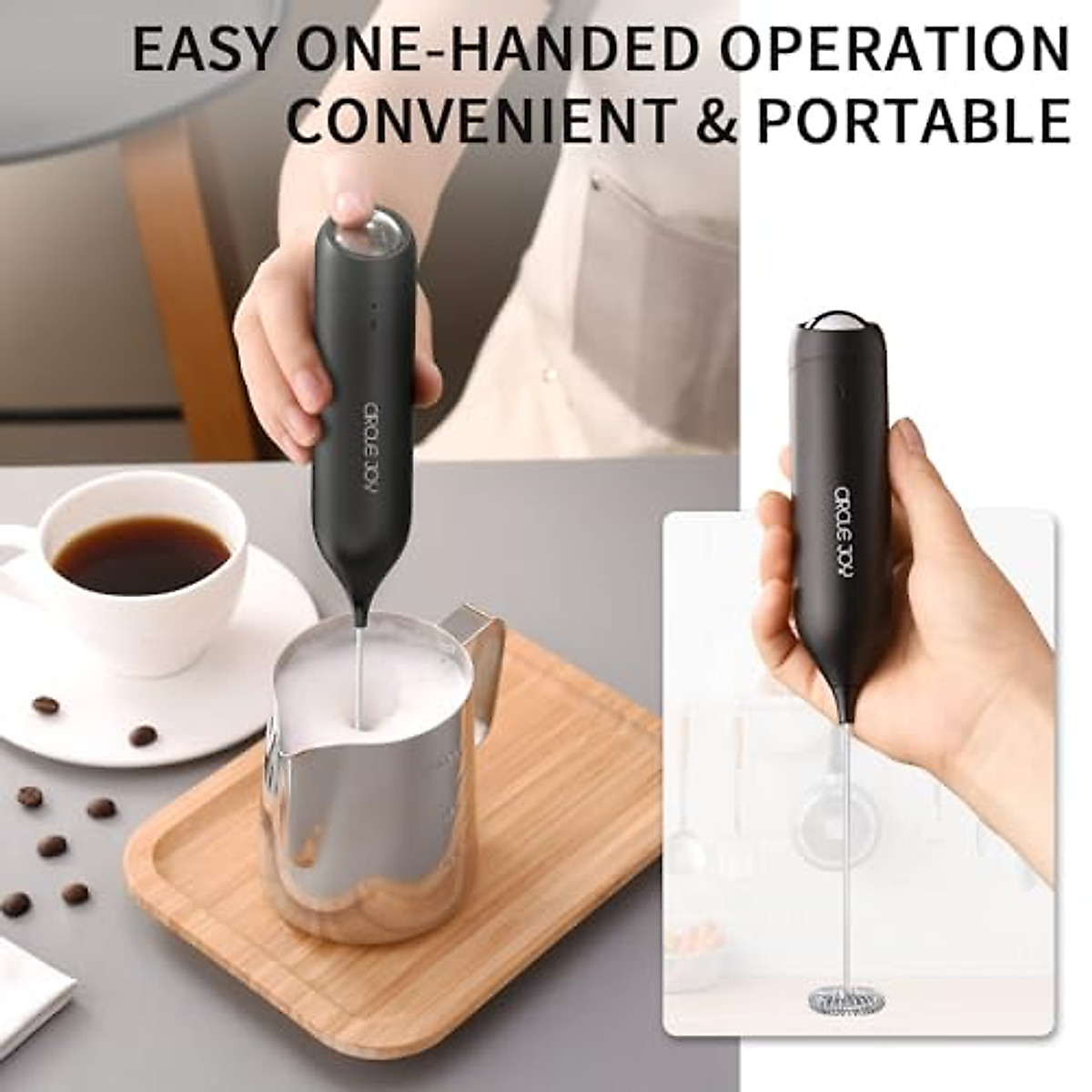 CIRCLE JOY Wall Mounted Milk Frother Handheld Rechargeable Milk Foamer Electric Mini Drink Mixer with 2-in-1 Stainless Steel Stand for Coffee, Cappuccino, Lattes, Frappe, Matcha and Hot Chocolate