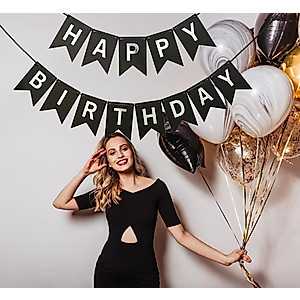 Runhiskii Black Happy Birthday Banner, Durable Happy Birthday Sign with White Silver Letters for Birthday Party Decorations