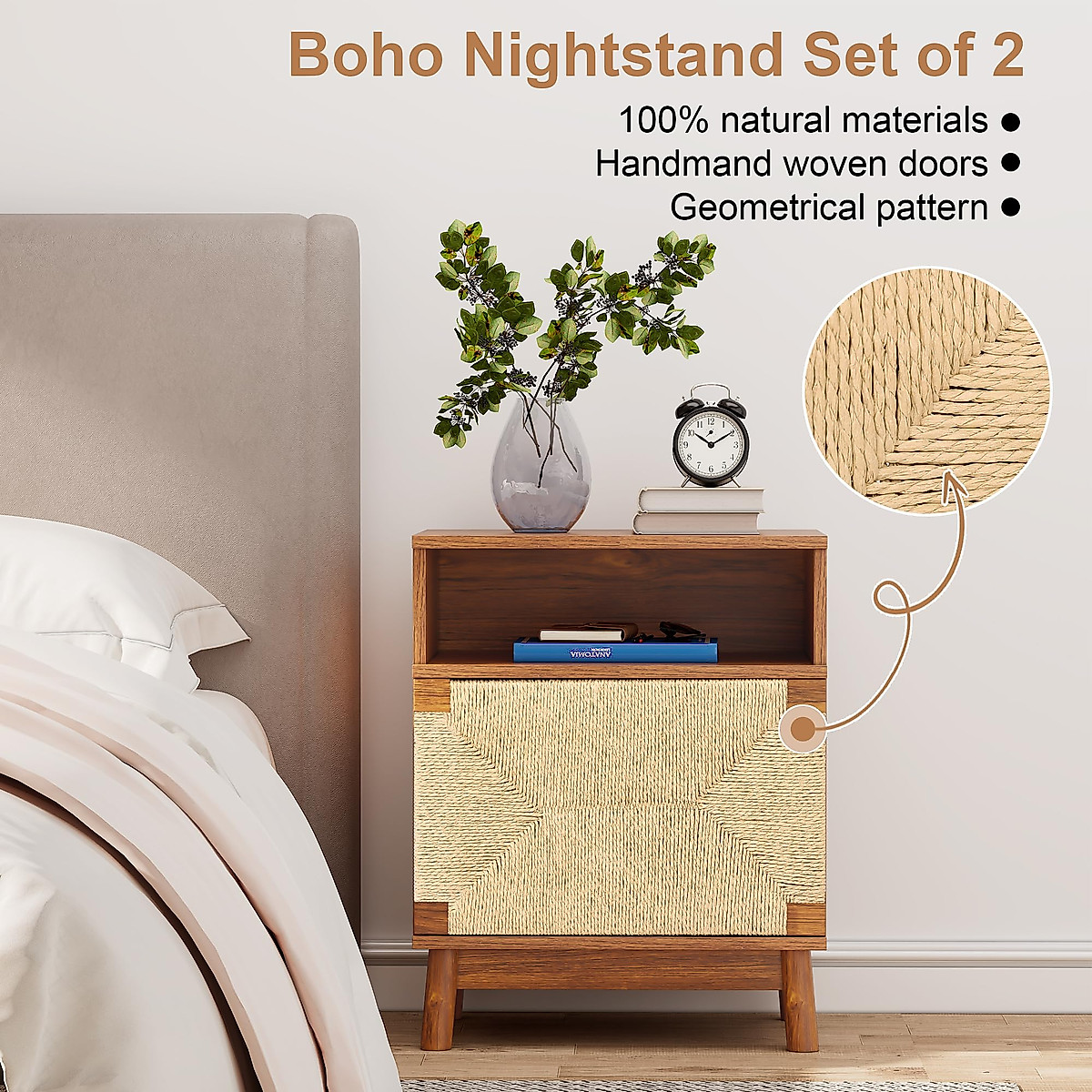 XIAO WEI Large Night Stand Set of 2 with Natural Paper Rope Hand-Woven Doors, Boho Nightstand Bed Side Table Accent End Table, Walnut