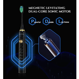 IntoCozy Sonic Electric Toothbrush Whitening Toothbrush with 2 Indicator Brush Heads for Adults and Teenagers, Wireless Charging, 5 Modes with Smart Timer, IPX7 Waterproof(Black)