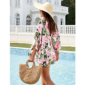 BB&KK Women's Floral Leaf Kimono Cover Ups Plus Size Hawaiian Shirts Tops Tropical Boho Outfits Chiffon Sheer Summer Cardigans Shawls Wraps White 3X-Large