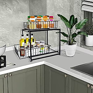 FERLAN Under Sink Organizer, 2-Tier Stackable Kitchen Cabinet Organizer and Storage With Sliding Storage Drawer, for Kitchen, Bathroom, Office, Pantry, Cabinet, Black