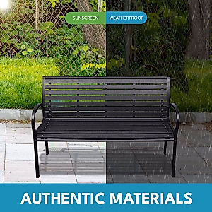 FunMay Patio Bench, Black Steel and WPC, Durable Outdoor Seating