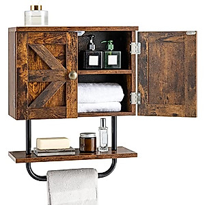 Tangkula Wall Mounted Bathroom Cabinet, 2 Doors Wooden Space Saving Medicine Cabinet with Open Shelf and Towel Bar, Multifunctional Over The Toilet Storage Organizer Kitchen Cupboard (Rustic Brown)