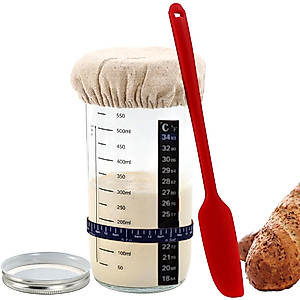 Sourdough Starter Jar with Lid Set, 550ml Glass Round Jar Reusable Wide Mouth Jar with Scale + Silicone Scraper + Cloth Cover for Bread Fermentation Various Flour, 6Pcs