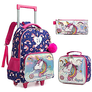 MOHCO Rolling Backpack for Kids Wheeled Backpack for Girls with Lunch Bag Pencil Case