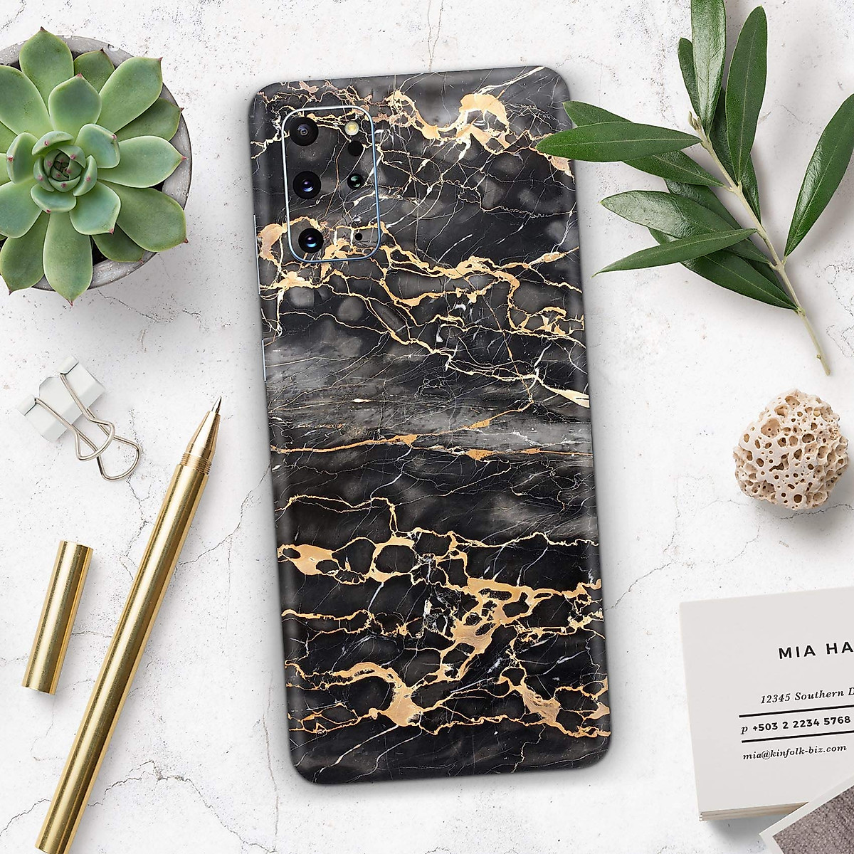 DesignSkinz Black and Gold Marble Surface Protective Vinyl Decal Wrap Skin Cover Compatible with The Samsung Galaxy S20 (Screen Trim & Back Glass Skin)