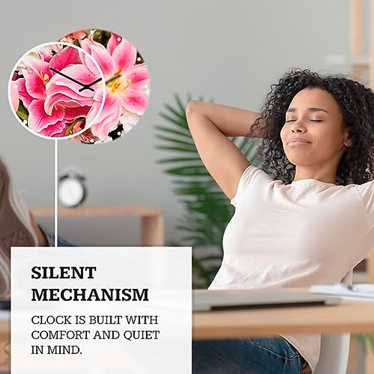 Soul Décor Pink Lilys Flowers Wall Clock, Silent Non-Ticking, Battery Operated Kitchen Clock, Aluminum Composite Face, Suitable for Offices, Bedrooms, and Bathrooms 12 Inch Round