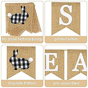 Happy Easter Burlap Banner with Buffalo Plaid Bunny - NO DIY - Rustic Farmhouse Easter Decorations - Easter Bunny Bunting Garland for Mantel Fireplace - Spring Easter Party Decoration