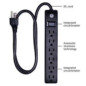GE 6 Grounded Outlet Surge Protector, 450 Joules, 2 Pack Power Strip, 3 Ft Long Extension Cord & 6 Outlet Power Strip, 6 Ft Cord, Wall Mount, Integrated Circuit Breaker, 120VAC, 15A, 1800W, Black