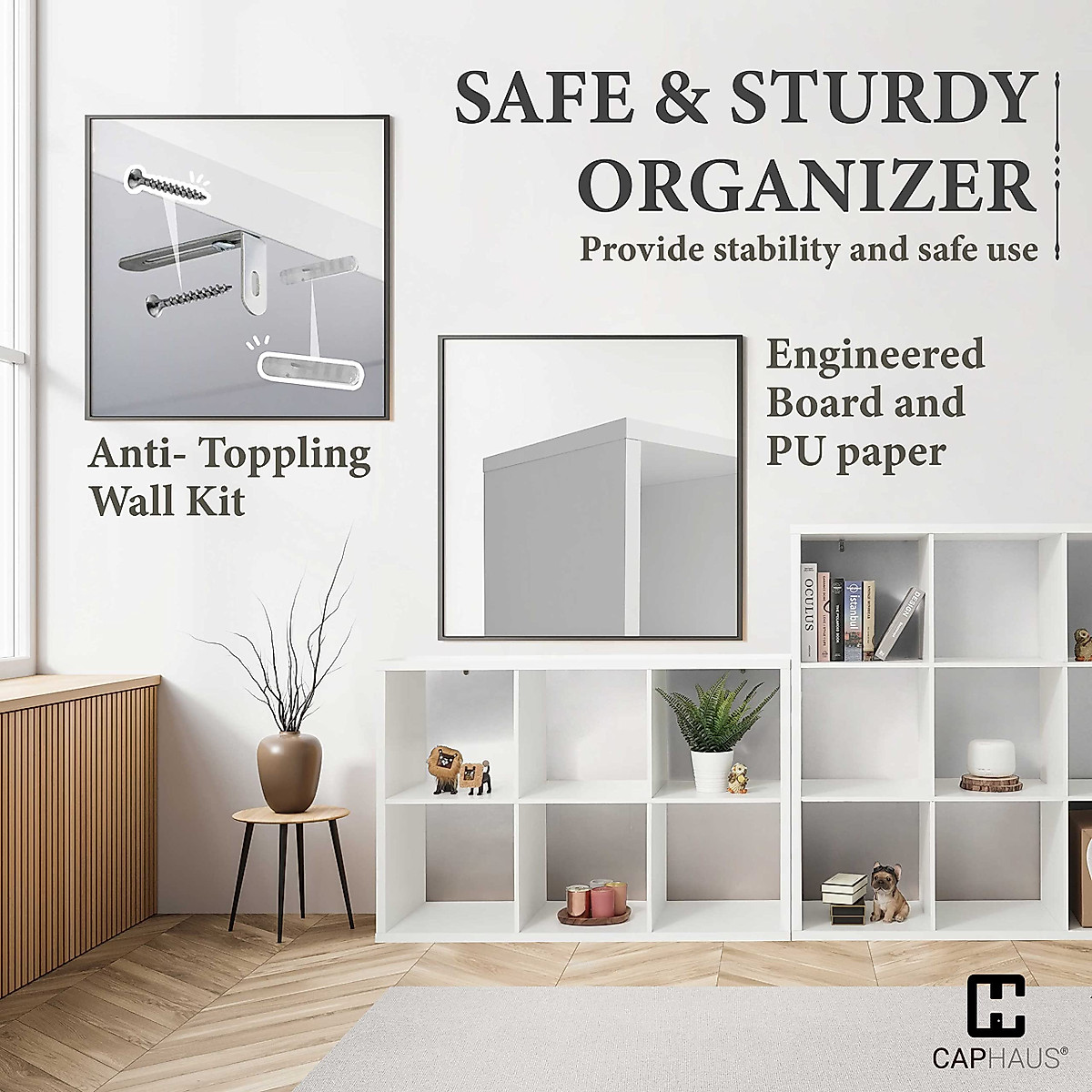 Fencer Wire 13-Inch Storage Organizer Shelf, Extra Thick Exterior Edge, Open Bookcase Divider, 6-8-9 Cube, Rustic Grey Oak and White