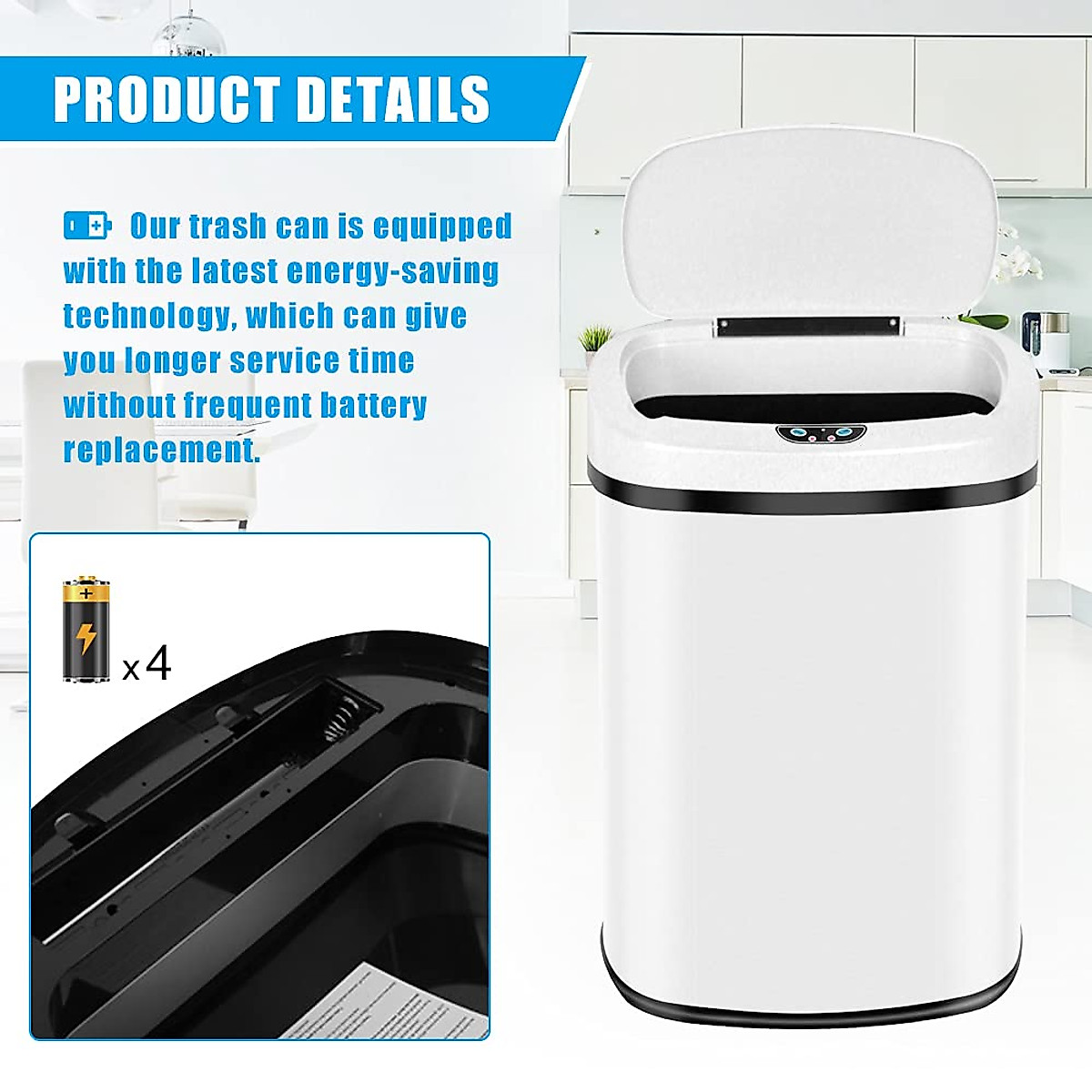 HGS Touchless Trash Can 13 Gallon Automatic Garbage Waste Bin Stainless Steel Trash Can Touch Free Kitchen Garbage Cans with Lid, Sensor Trash Bins for Home Office Living Room Bedroom, White, White