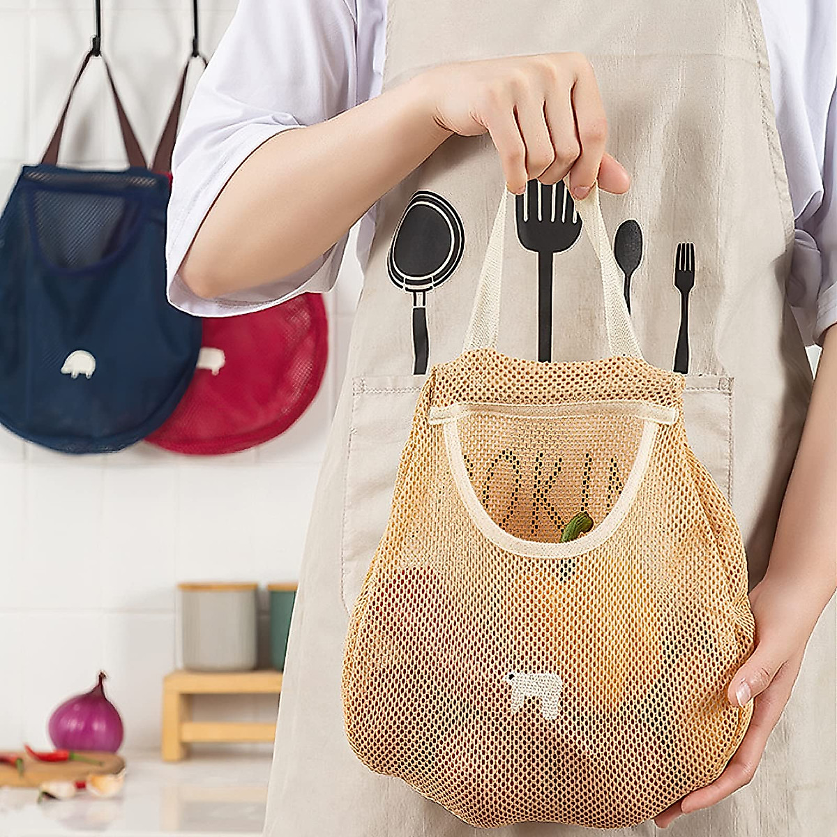 Cosmos 3 Pcs Reusable Hanging Storage Mesh Bags Wall Mount Hanging Home Kitchen Grocery Bag Organizer Storage Produce Tote Bags for Potatoes, Fruit, Garlics, Onions, Vegetables