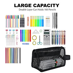 2-Pack Grid Mesh Pencil Case with Handle and Zipper, Double Layer Clear Large Capacity Pencil Pouch, Travel Makeup Bag and Small Toiletry Bag for Purse, College Essentials School Supplies (Black)