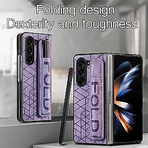 Bizzib for Samsung Galaxy Z Fold 5 Case, Leather TPU Slim Fit Shockproof Full Body Protective Cover with Flexible Grip Strap Compatible with Galaxy Z Fold 5-Purple