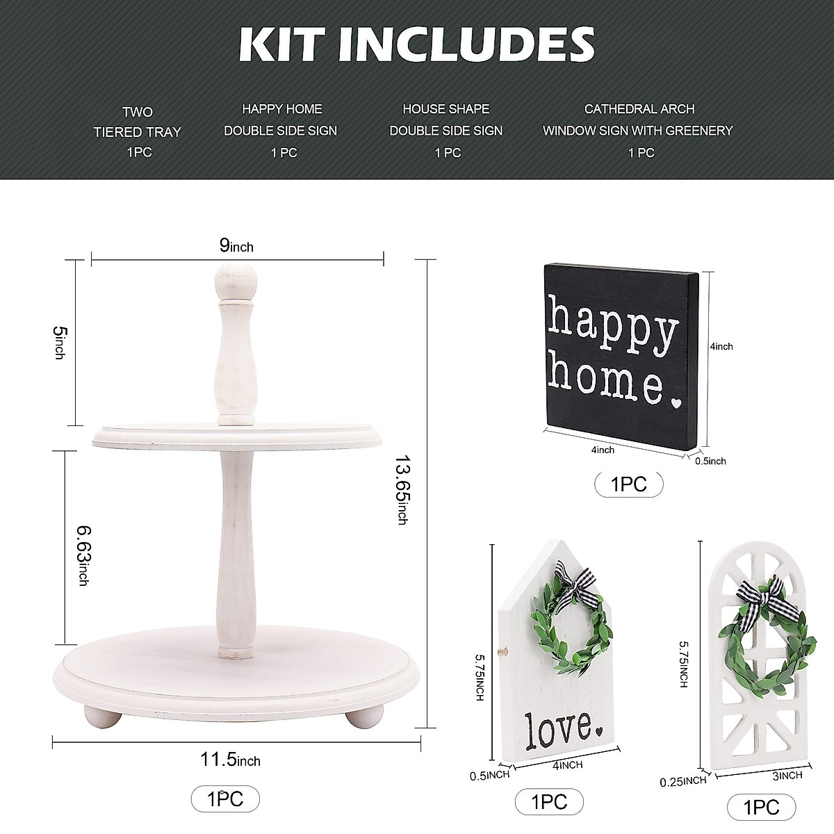 Defined Deco Wooden Decorative Tray Two Tiered Tray, White Tiered Tray, Cupcake Stand, Serving Tray Stand with 3 Pcs Signs Decor for Kitchen Island Decor, Home Decor and Holloween Farmhouse Décor
