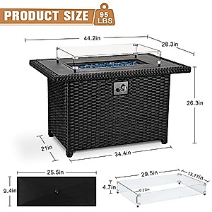 44 in Propane Gas Fire Table Auto-Ignition 50,000BTU， Rectangle Woven Rattan Fire Pit for Outside Patio Garden Deck & Backyard，with Lid and Blue Glass Beads, Glass Wind Guard,CSA Approved（Brown）