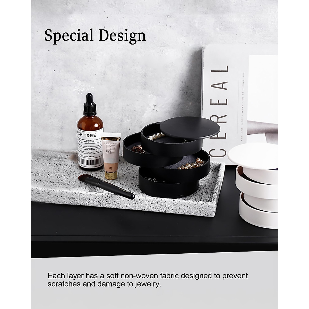 CONBOLA Jewelry Organizer, Small Jewelry Storage Box Earring Holder for Women, 5-Layer Rotating Travel Jewelry Tray Case with Lid for Bracelets Rings Bracelets(White)