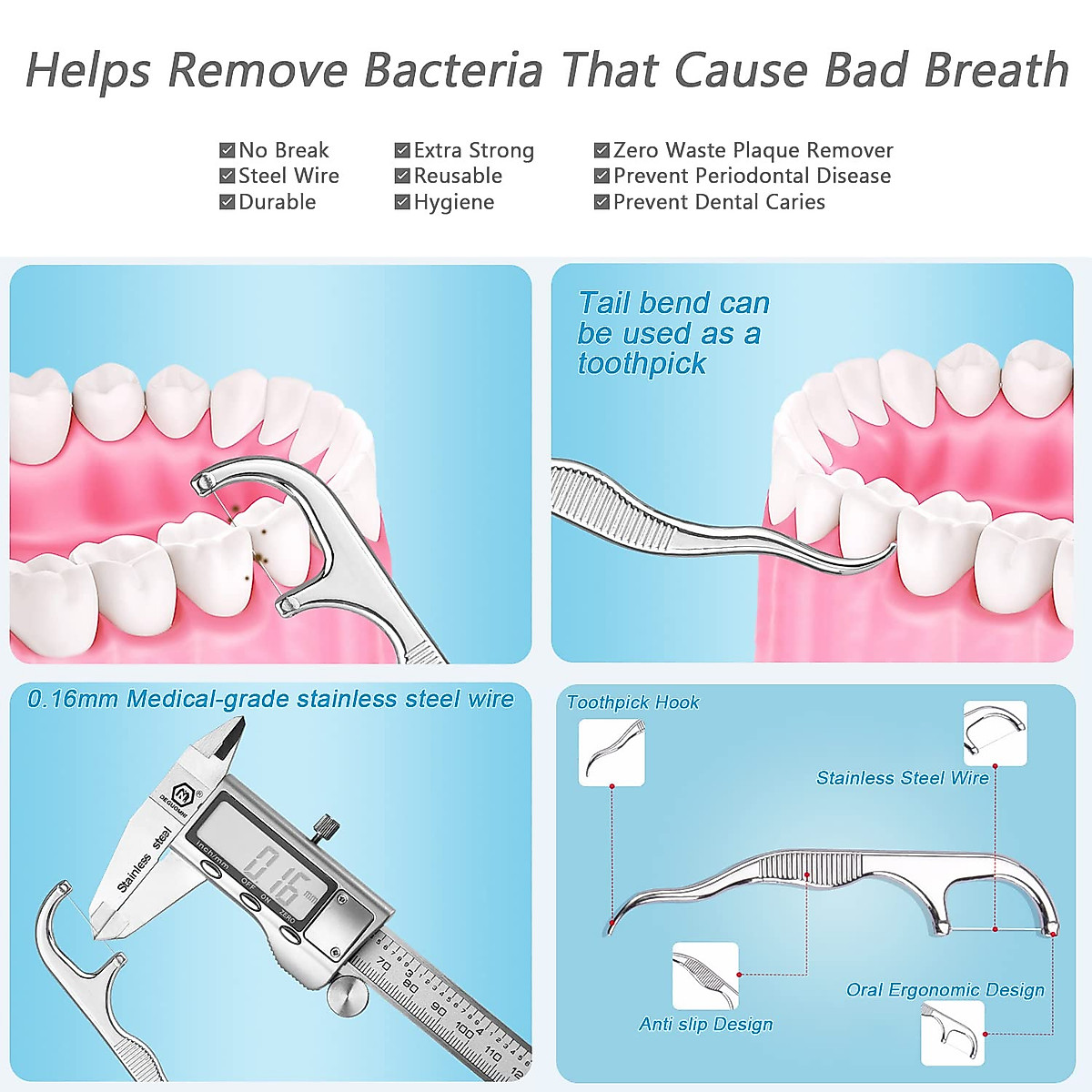GELMAY Portable Toothpicks Pocket Set, Dental Floss Picks, Reusable Flosser, Travel Tooth Picker, Flossers for Adults, Stainless Steel Teeth Cleaning Kit