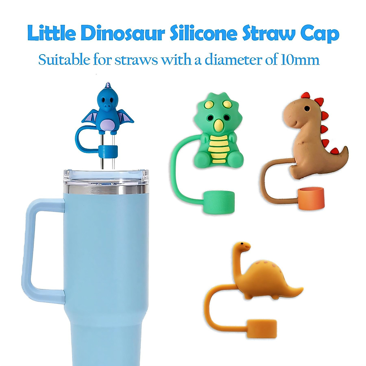 4 Pack Dinosaur Straw Cover Cap for Stanley Cup 30&40 Oz Tumblers, 0.4in/10mm Silicone Straw Topper Protector Lid with Cute Dinosaurs Kids Cup Accessories