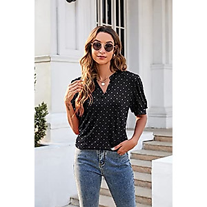Summer Tops for Women 2023 Notch Neck Puff Short Sleeve Shirts for Women Tunic Tops for Women Loose Fit Solid Tops for Women Blouse Trendy Tops for Women Polka Dot Black L