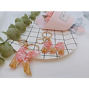 Meefisher Pink Glitter Letter A-Z Keychain Pink Resin Alphabet Initial Letter Pendant Key Ring Accessories for Purse Handbags Women Girl-M