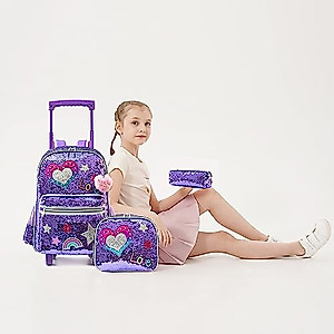 Meetbelify Rolling Backpack for Girls School Backpack with Wheels Kids Sequin Roller Luggage for Elementary Kindergarten Students with Lunch Box Pencil Case for Girls 5-12 Years Old