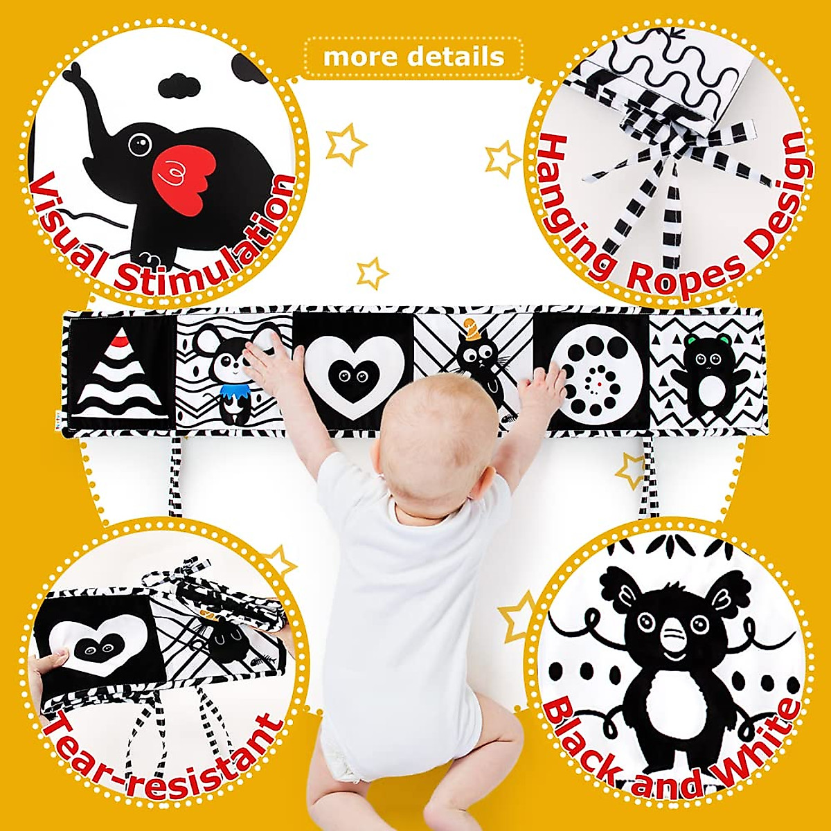 teytoy Black and White High Contrast Baby Book Infant Tummy Time Newborn Toys 0 3 Months Brain Development Stroller Toys Crinkle Folding Baby Soft Books Crib & Carseat Toys for Infants 0-6 Months