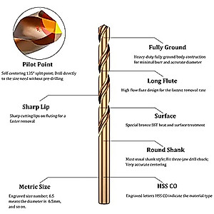 13 PCS M35 Cobalt Steel Twist Drill Bit Set,HSS Extremely Heat Resistant Drill Bit with Straight HSS Shank,1.5mm-6.5mm Jobber Drill Bit Kit for Stainless Steel,Hard Metal as Titanium Alloy