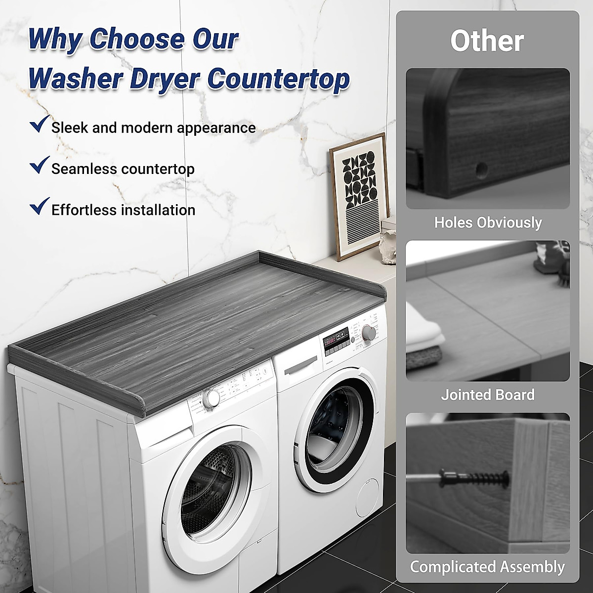 Neoaider Washer Dryer Countertop 54" L x 27.5" W, Laundry Countertop with 2" Safety Edge Rails, Seamless Laundry Topper for Washer and Dryer Suitable for Laundry Room Organization-Gray