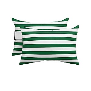 T&H XHome Outdoor Pillow for Chaise Lounge Chair, Christmas Green and White Stripe Waterproof Headrest Pillow Lumbar Pillows with Adjustable Elastic Strap for Beach, Poolside, Patio, Office (2 Pack)