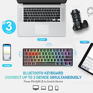 Mini Wireless 60% Dual Mode BT5.0/USB-C Wired Mechanical Gaming Keyboard with Pudding Keycaps Rainbow Backlit Ergonomic Rechargeable Anti-ghosting 61Key for PC Typist Mac Gamer(Black PBT/Red Switch)
