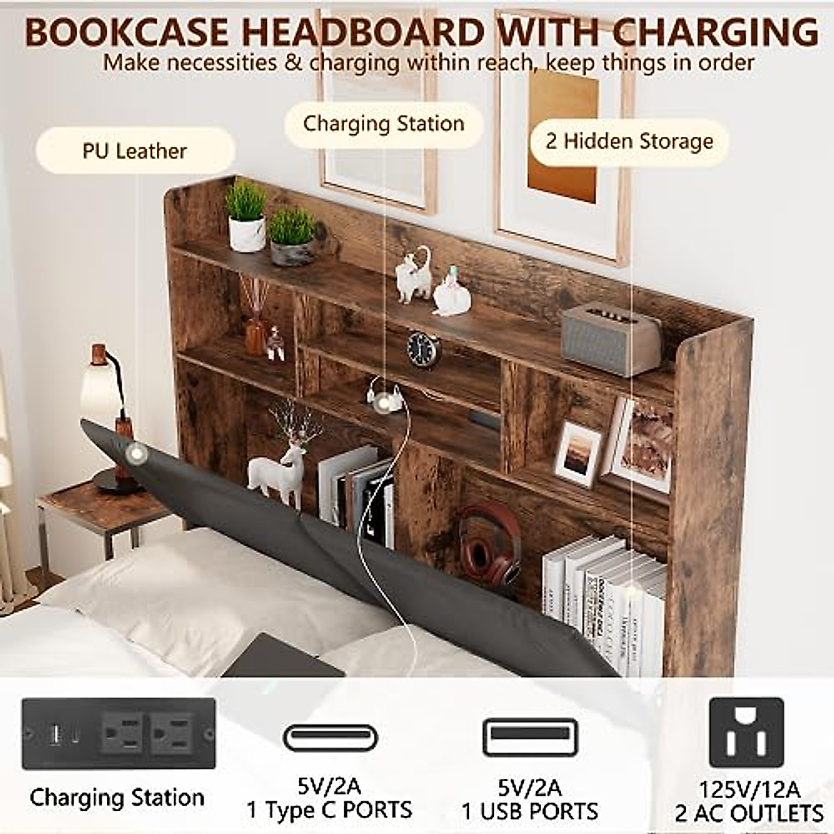 Alohappy Full Size Bed Frame with 51” Storage Headboard, Wooden Platform Bed Frame with Chargig Ports & LED Lights, Upholstered LED Bed Frame, No Box Spring Needed