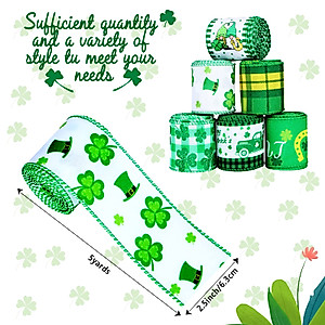 6 Rolls 30 Yards St. Patrick's Day Wired Edge Ribbon Green Buffalo Plaid Ribbon Shamrock Burlap Ribbon Green Hat Wrapping Ribbon for Wrapping Wreath Party Decoration DIY Craft Supplies (White/Green)