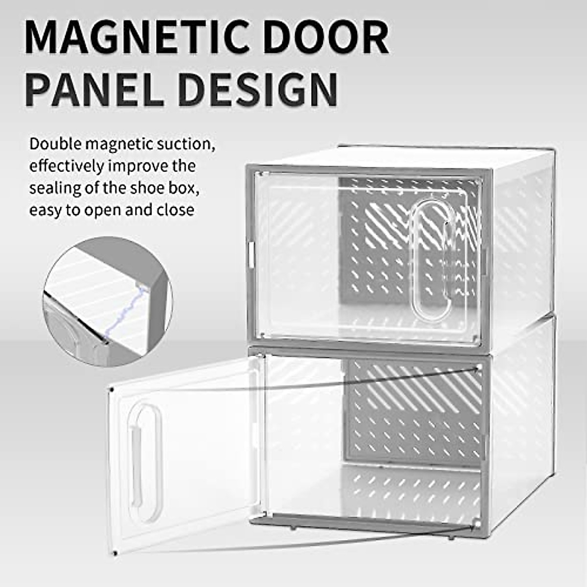 LUTSPC Large Shoe Storage with Magnetic Door, 12 Pack Shoe Storage Boxes, Clear Plastic Shoe Organizer for Closet, Space Saving Stackable Shoe Container for Entryway, Under Bed, Wardrobe, Bathroom Storage (Grey)