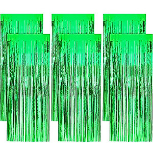 WILLBOND 6 Pieces Green Foil Curtain Metallic Tinsel Foil Backdrop Fringe Curtains St. Patrick's Day Foil Curtain Shimmer Curtain for Irish Festival Birthday Wedding Party Decoration, 3.3 x 8.2 Feet