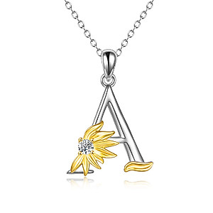 POPLYKE Sterling Silver Initial Alphabet Letter Script Name Pendant Chain Necklace for Women for (Sunflower A)