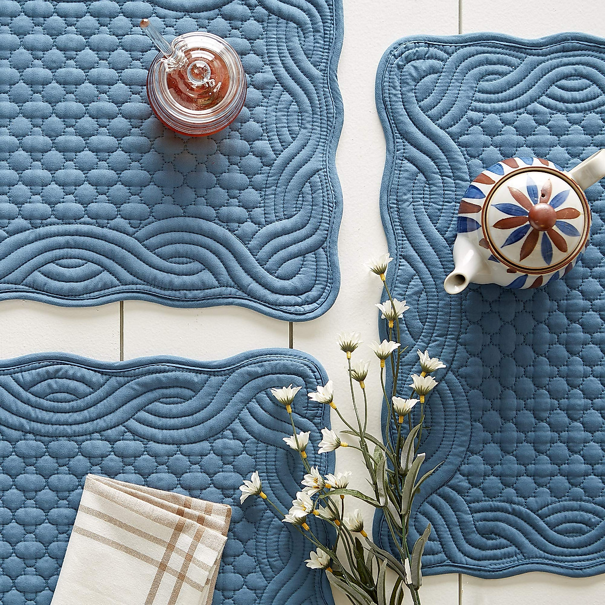 DII Quilted Farmhouse Collection Tabletop, Placemat Set, French Blue, 6 Piece